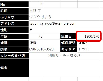 エクセルで1900/1/0を非表示にする方法